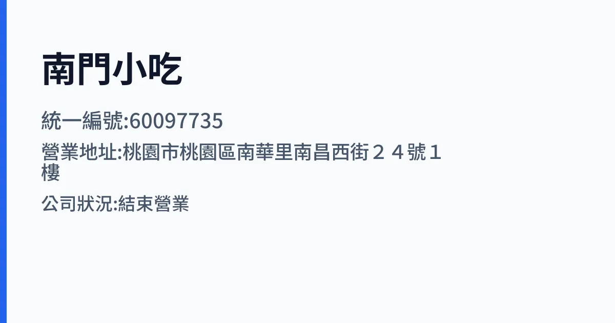 南門小吃 - 統編 60097735(桃園市) 公司登記資料與營業項目詳細圖表