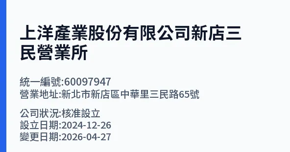 上洋產業股份有限公司新店三民營業所的照片-統編 60097947(新北市) 公司登記資料與營業項目詳細圖表