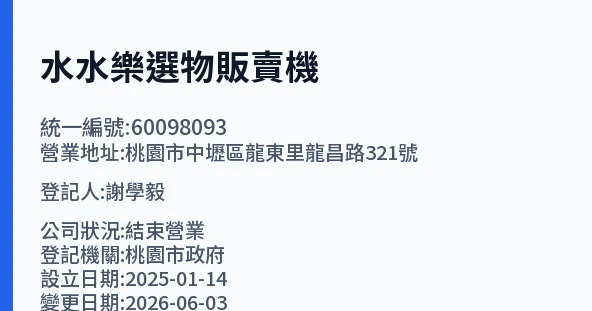 水水樂選物販賣機的照片-統編 60098093(桃園市) 公司登記資料與營業項目詳細圖表