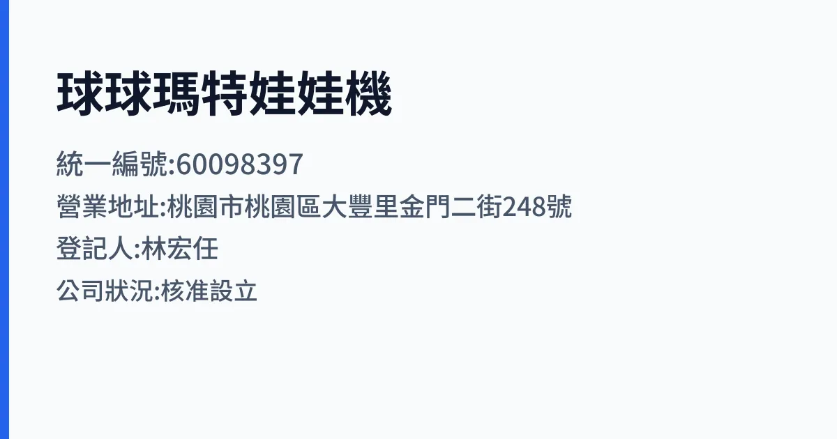 球球瑪特娃娃機 - 統編 60098397(桃園市) 公司登記資料與營業項目詳細圖表