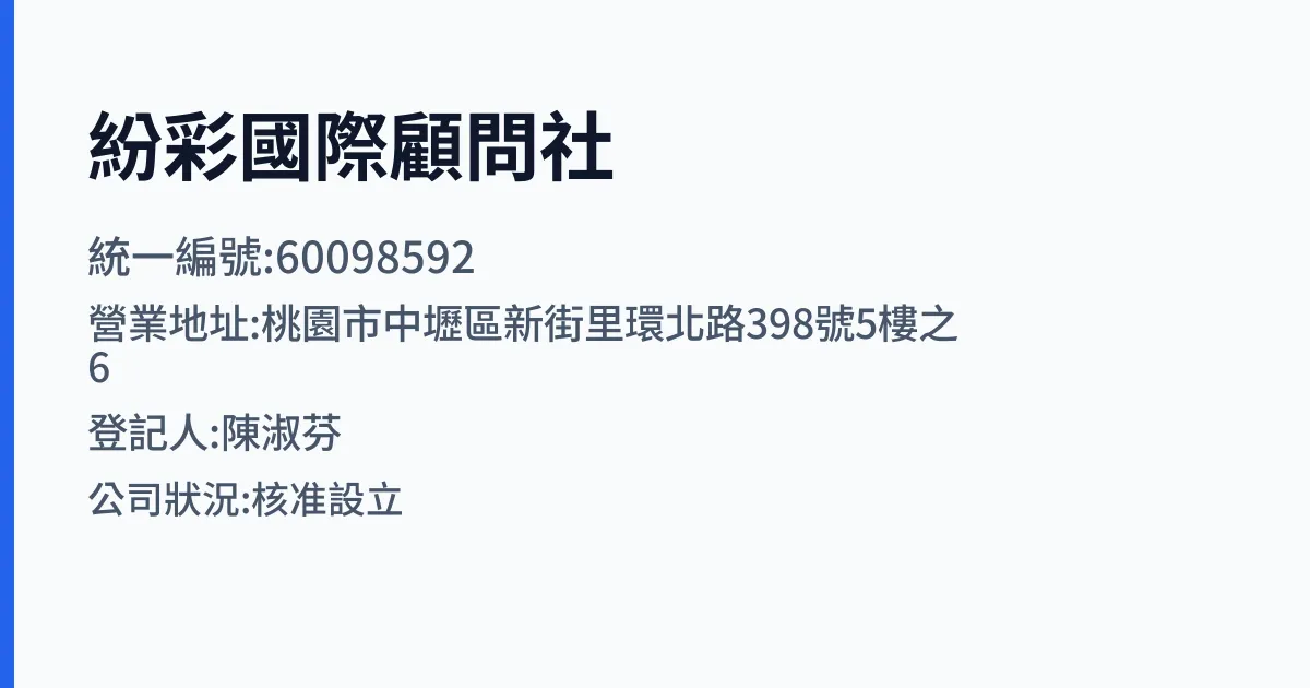 紛彩國際顧問社 - 統編 60098592(桃園市) 公司登記資料與營業項目詳細圖表