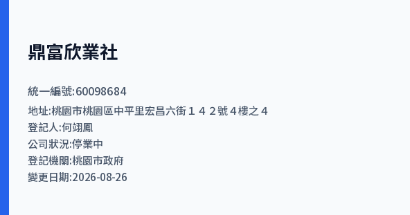 鼎富欣業社的照片-統編 60098684(桃園市) 公司登記資料與營業項目詳細圖表