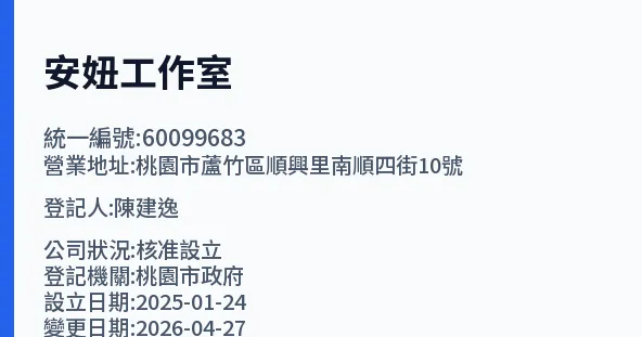 安妞工作室的照片-統編 60099683(桃園市) 公司登記資料與營業項目詳細圖表