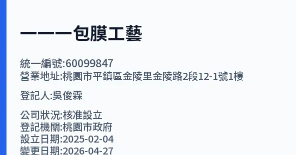 一一一包膜工藝的照片-統編 60099847(桃園市) 公司登記資料與營業項目詳細圖表