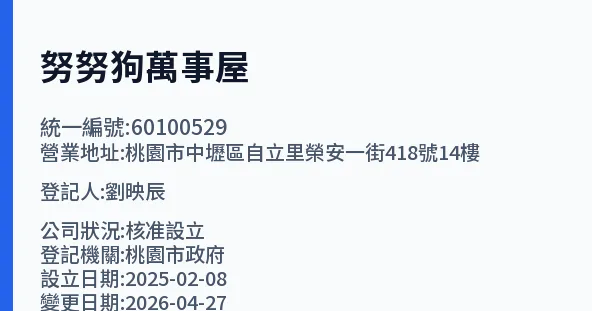 努努狗萬事屋的照片-統編 60100529(桃園市) 公司登記資料與營業項目詳細圖表