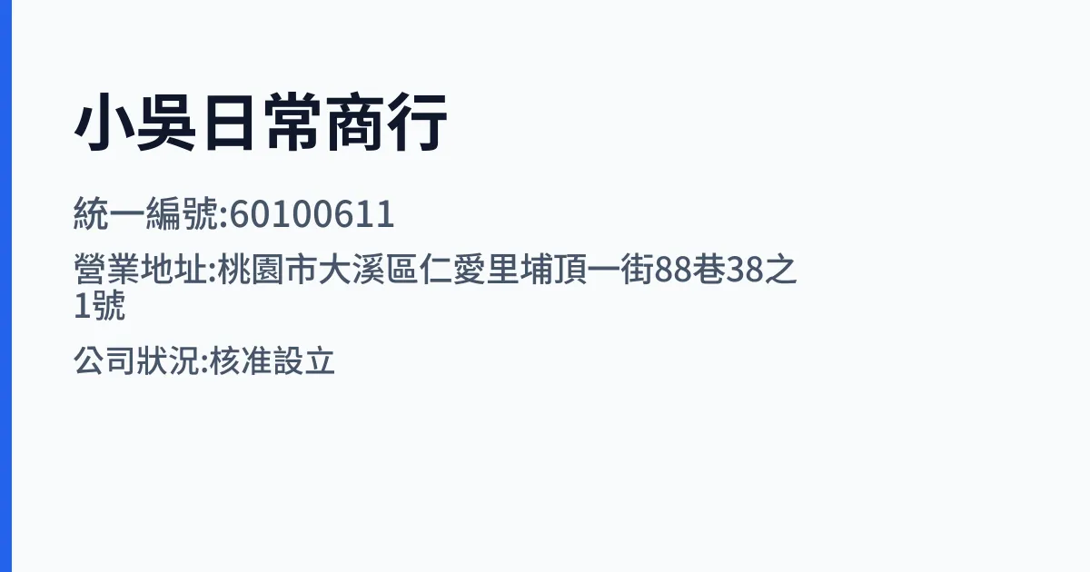 小吳日常商行 - 統編 60100611(桃園市) 公司登記資料與營業項目詳細圖表