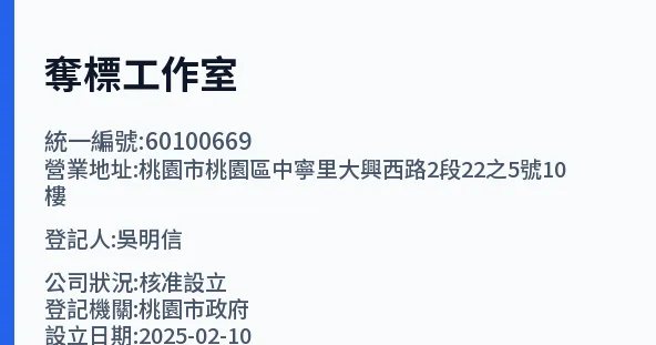 奪標工作室的照片-統編 60100669(桃園市) 公司登記資料與營業項目詳細圖表