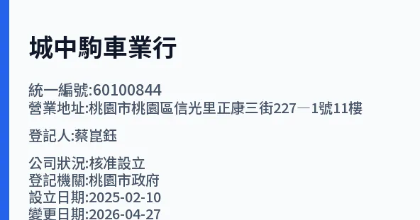 城中駒車業行的照片-統編 60100844(桃園市) 公司登記資料與營業項目詳細圖表