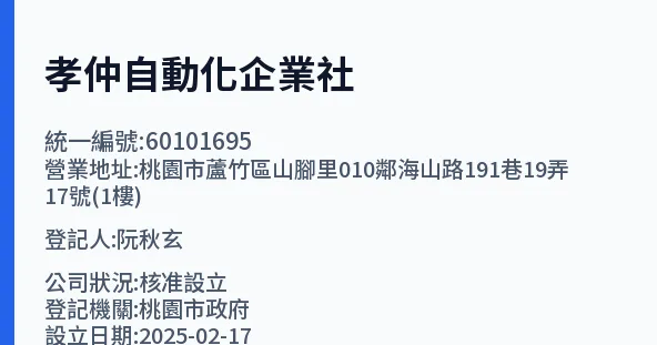 孝仲自動化企業社的照片-統編 60101695(桃園市) 公司登記資料與營業項目詳細圖表