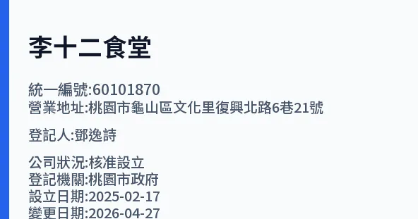 李十二食堂的照片-統編 60101870(桃園市) 公司登記資料與營業項目詳細圖表