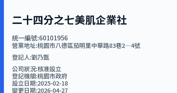 二十四分之七美肌企業社的照片-統編 60101956(桃園市) 公司登記資料與營業項目詳細圖表
