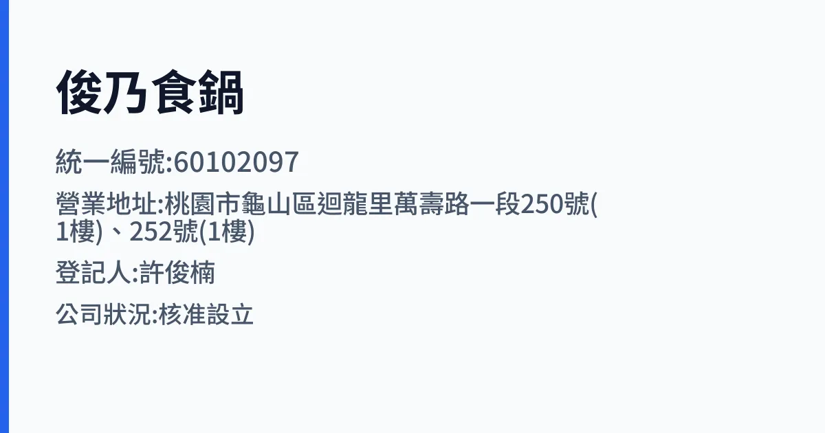俊乃食鍋 - 統編 60102097（桃園市） 公司登記資料與營業項目詳細圖表