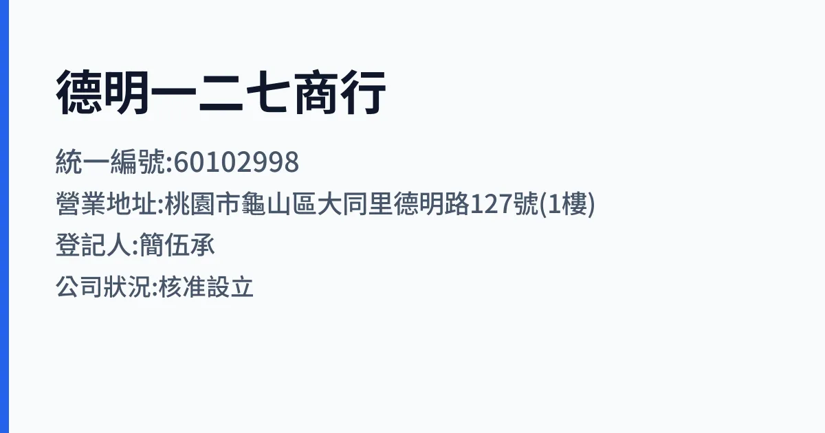 德明一二七商行 - 統編 60102998(桃園市) 公司登記資料與營業項目詳細圖表