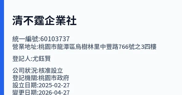 清不霆企業社的照片-統編 60103737(桃園市) 公司登記資料與營業項目詳細圖表