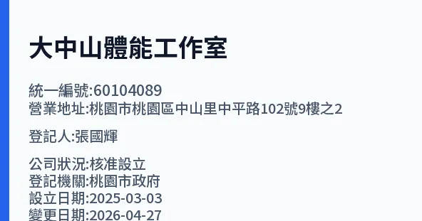 大中山體能工作室的照片-統編 60104089(桃園市) 公司登記資料與營業項目詳細圖表