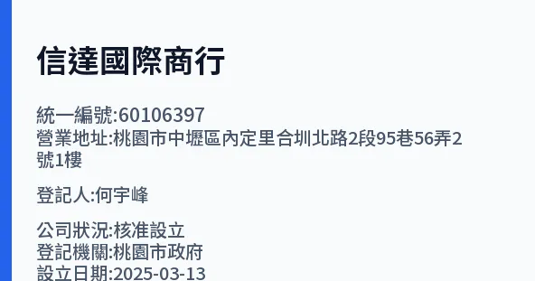 信達國際商行的照片-統編 60106397(桃園市) 公司登記資料與營業項目詳細圖表