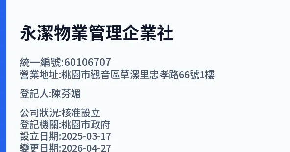 永潔物業管理企業社的照片-統編 60106707(桃園市) 公司登記資料與營業項目詳細圖表