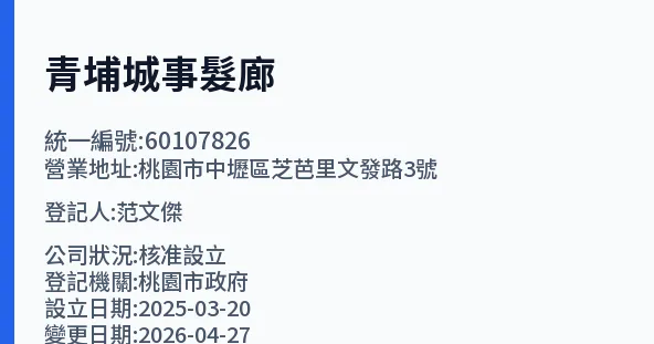 青埔城事髮廊的照片-統編 60107826(桃園市) 公司登記資料與營業項目詳細圖表
