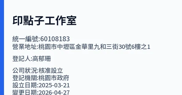 印點子工作室的照片-統編 60108183(桃園市) 公司登記資料與營業項目詳細圖表