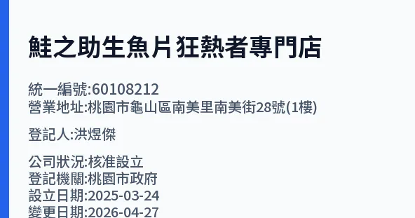 鮭之助生魚片狂熱者專門店的照片-統編 60108212(桃園市) 公司登記資料與營業項目詳細圖表