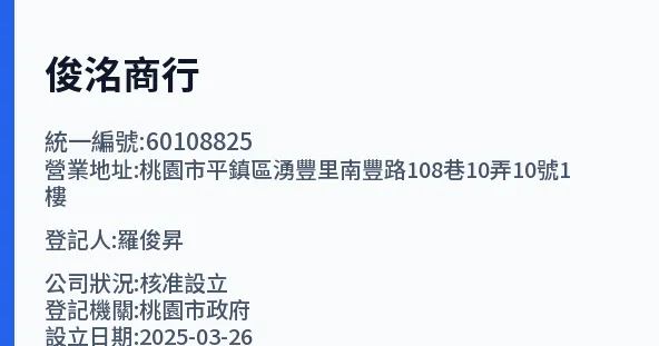 俊洺商行的照片-統編 60108825(桃園市) 公司登記資料與營業項目詳細圖表
