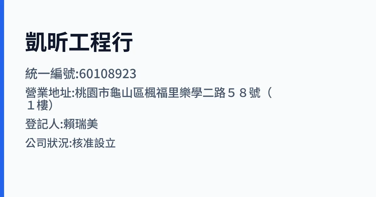 凱昕工程行 - 統編 60108923(桃園市) 公司登記資料與營業項目詳細圖表