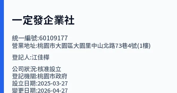一定發企業社的照片-統編 60109177(桃園市) 公司登記資料與營業項目詳細圖表