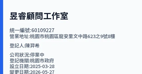 昱睿顧問工作室的照片-統編 60109227(桃園市) 公司登記資料與營業項目詳細圖表