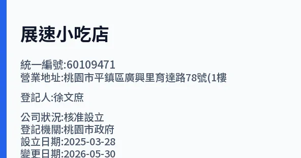 展速小吃店的照片-統編 60109471(桃園市) 公司登記資料與營業項目詳細圖表