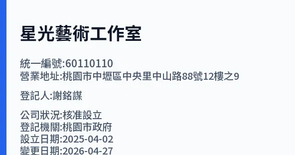 星光藝術工作室的照片-統編 60110110(桃園市) 公司登記資料與營業項目詳細圖表