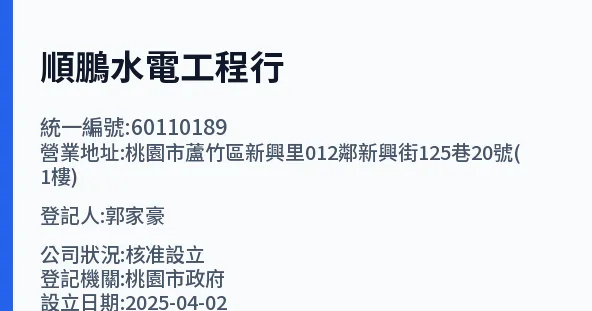 順鵬水電工程行的照片-統編 60110189(桃園市) 公司登記資料與營業項目詳細圖表