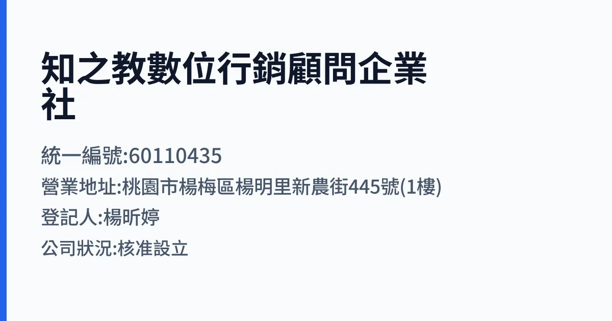 知之教數位行銷顧問企業社 - 統編 60110435(桃園市) 公司登記資料與營業項目詳細圖表
