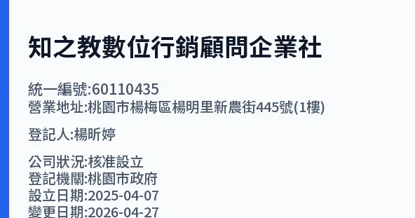 知之教數位行銷顧問企業社的照片-統編 60110435(桃園市) 公司登記資料與營業項目詳細圖表