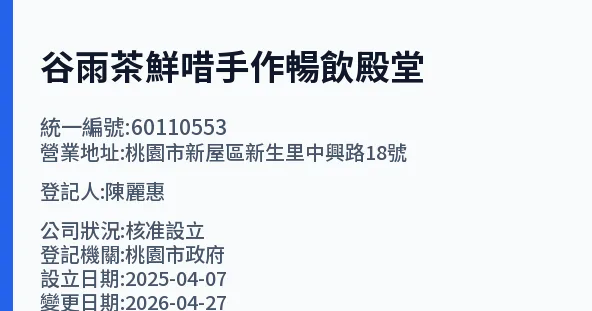 谷雨茶鮮唶手作暢飲殿堂的照片-統編 60110553(桃園市) 公司登記資料與營業項目詳細圖表