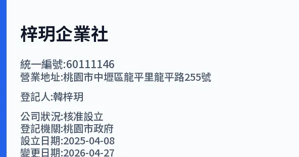 梓玥企業社的照片-統編 60111146(桃園市) 公司登記資料與營業項目詳細圖表