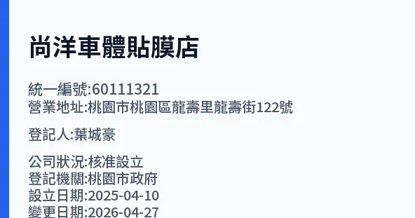 尚洋車體貼膜店的照片-統編 60111321(桃園市) 公司登記資料與營業項目詳細圖表