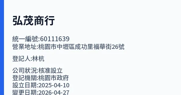 弘茂商行的照片-統編 60111639(桃園市) 公司登記資料與營業項目詳細圖表