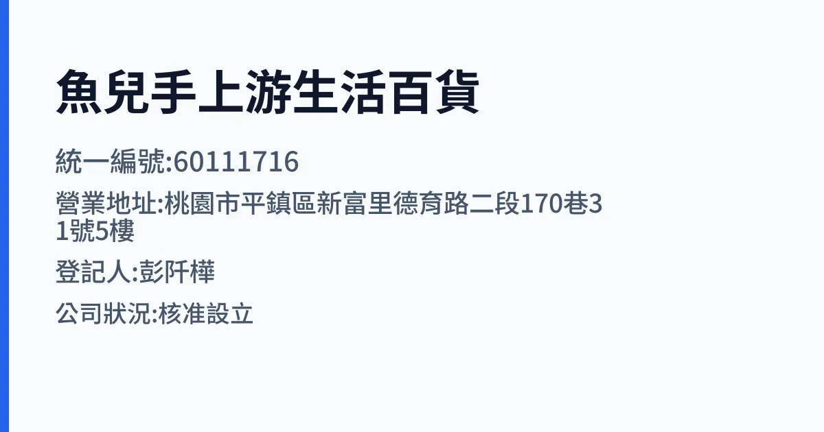 魚兒手上游生活百貨 - 統編 60111716（桃園市） 公司登記資料與營業項目詳細圖表