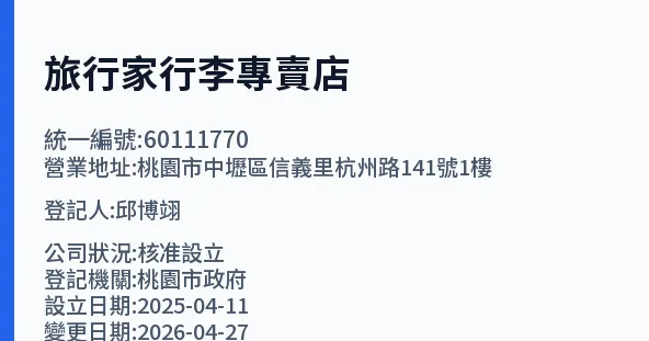 旅行家行李專賣店的照片-統編 60111770(桃園市) 公司登記資料與營業項目詳細圖表