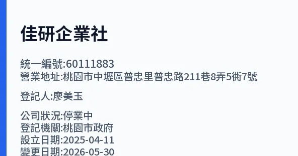 佳研企業社的照片-統編 60111883(桃園市) 公司登記資料與營業項目詳細圖表
