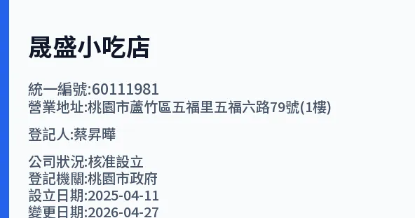 晟盛小吃店的照片-統編 60111981(桃園市) 公司登記資料與營業項目詳細圖表