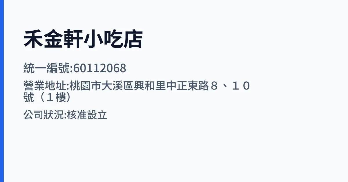 禾金軒小吃店 - 統編 60112068(桃園市) 公司登記資料與營業項目詳細圖表