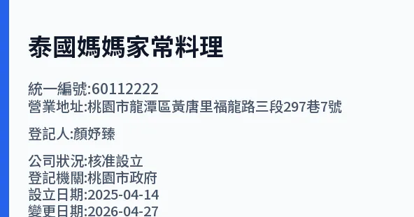 泰國媽媽家常料理的照片-統編 60112222(桃園市) 公司登記資料與營業項目詳細圖表