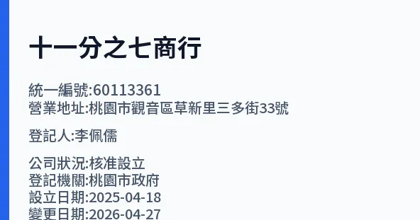 十一分之七商行的照片-統編 60113361(桃園市) 公司登記資料與營業項目詳細圖表
