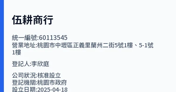 伍耕商行的照片-統編 60113545(桃園市) 公司登記資料與營業項目詳細圖表