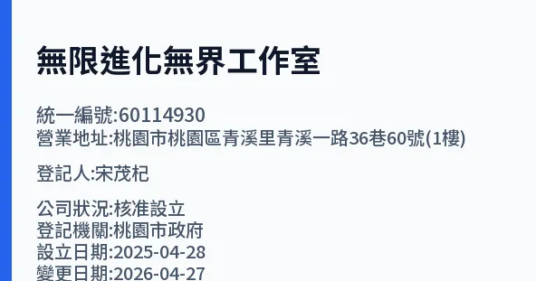 無限進化無界工作室的照片-統編 60114930(桃園市) 公司登記資料與營業項目詳細圖表