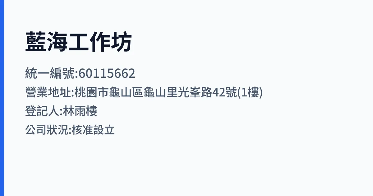 藍海工作坊 - 統編 60115662(桃園市) 公司登記資料與營業項目詳細圖表