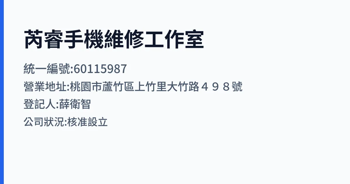 芮睿手機維修工作室 - 統編 60115987(桃園市) 公司登記資料與營業項目詳細圖表