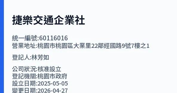 捷樂交通企業社的照片-統編 60116016(桃園市) 公司登記資料與營業項目詳細圖表