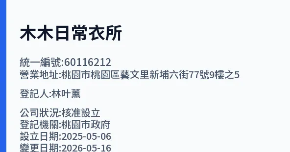 木木日常衣所的照片-統編 60116212(桃園市) 公司登記資料與營業項目詳細圖表
